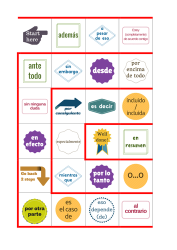 Practice or assess structure words-connectives in Spanish (board game ...