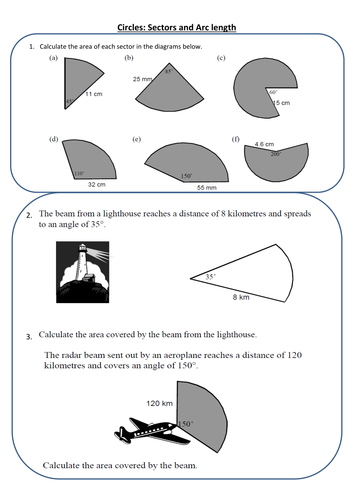 Area of sectors worksheet | Teaching Resources