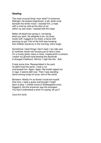A fun, engaging lesson analysing a Carol Ann Duffy poem 'Stealing' for ...