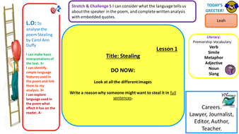 A fun, engaging lesson analysing a Carol Ann Duffy poem 'Stealing' for ...