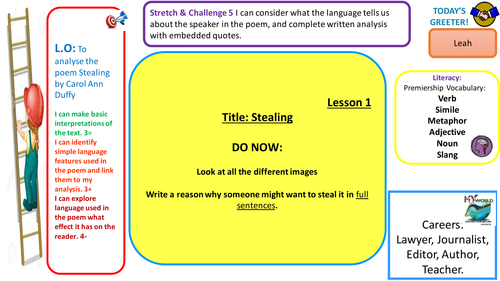 A fun, engaging lesson analysing a Carol Ann Duffy poem 'Stealing' for ...