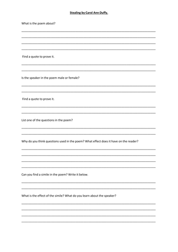 A fun, engaging lesson analysing a Carol Ann Duffy poem 'Stealing' for ...