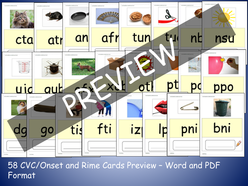 CVC/Onset and Rime Word Cards (58) /29 Pairs of Phonics Onset/Rime ...
