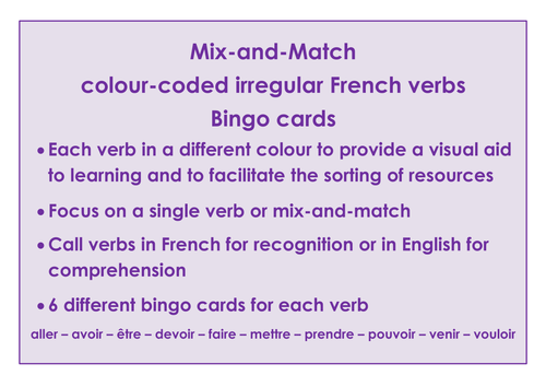 Mix-and-Match Irregular French verb Bingo cards | Teaching Resources