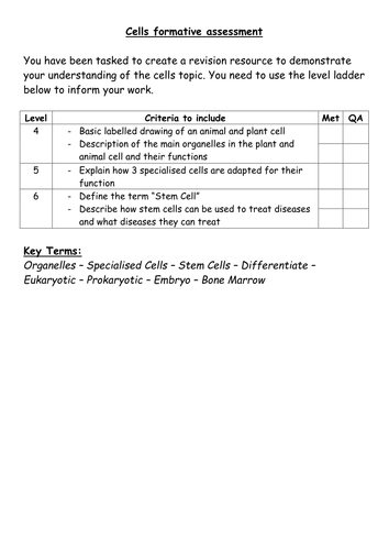 Cells topic formative assessment | Teaching Resources