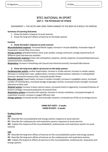 BTEC L3 Sport - Unit 2 - Physiology of Fitness - both assignment briefs ...