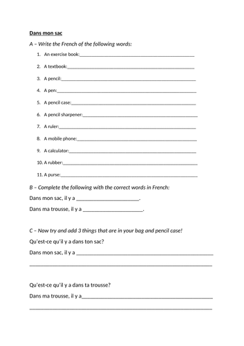 dans mon sac | Teaching Resources