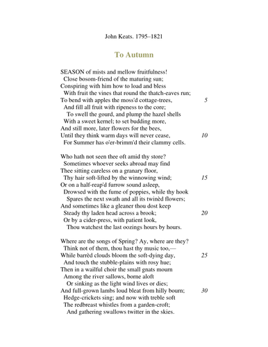 Descriptive writing: Autumn 'Ode to Autumn' by John Keats | Teaching ...