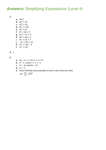 Simplifying Expressions (Level 4) | Teaching Resources