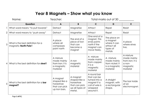 Multiple Choice Assessment on Magnets for new National Curriculum ...