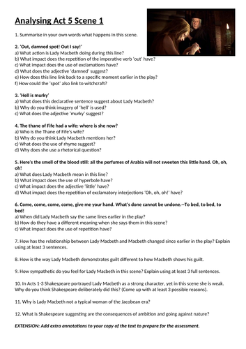 How is Lady Macbeth presented in Act 5 Scene 1? Worksheets and a model ...