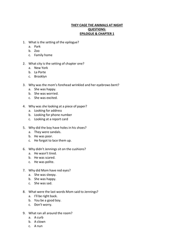 They Cage the Animals at Night Multiple Choice Chapter Tests | Teaching ...