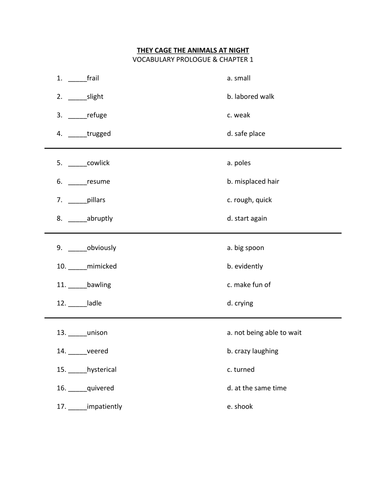 They Cage the Animals at Night Chapter Vocabulary Matching quizzes ...