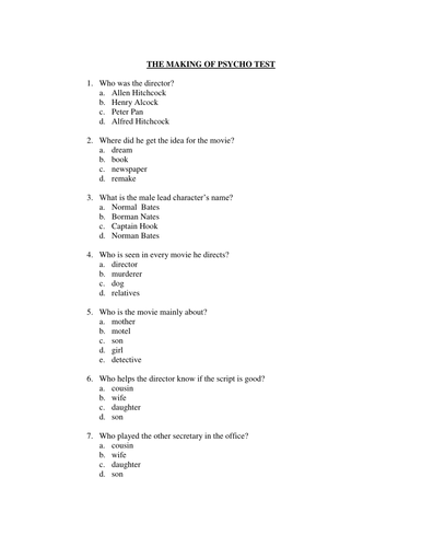Psycho Movie, Special Feature Section, Making of MULTIPLE CHOICE Quiz ...