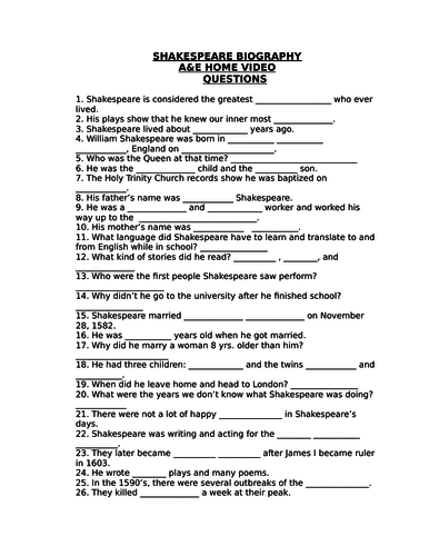 Shakespeare A&E Television Autobiography Special Fill-in-the-Blank ...