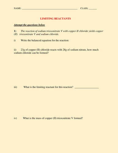 LIMITING REACTANT AND YIELD WORKSHEET WITH ANSWERS | Teaching Resources