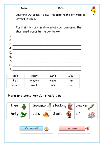 Apostrophe for Omission - Christmas Themed Worksheets | Teaching Resources