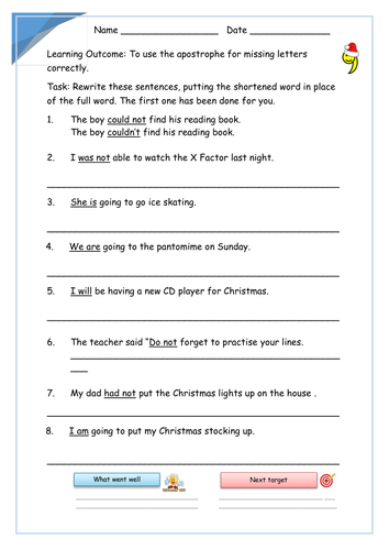 Apostrophe for Omission - Christmas Themed Worksheets | Teaching Resources