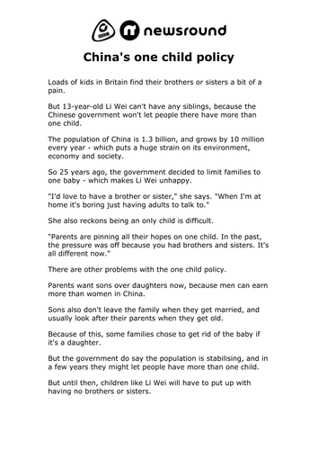 China's One Child Policy | Teaching Resources