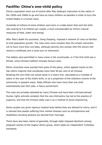 China's One Child Policy | Teaching Resources