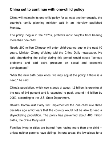 China&#039;s One Child Policy | Teaching Resources