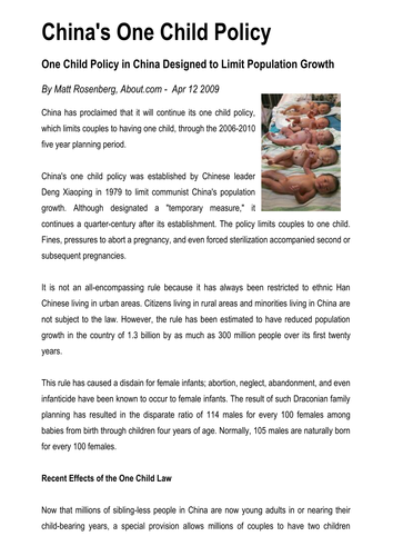 China's One Child Policy | Teaching Resources