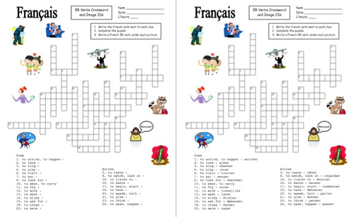 French ER Verbs Crossword Puzzle, Image IDs, and Verb Lists | Teaching ...