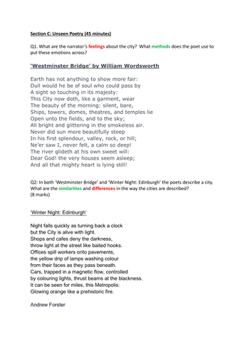GCSE Paper 2 English Literature Unseen Poetry Preparation | Teaching ...