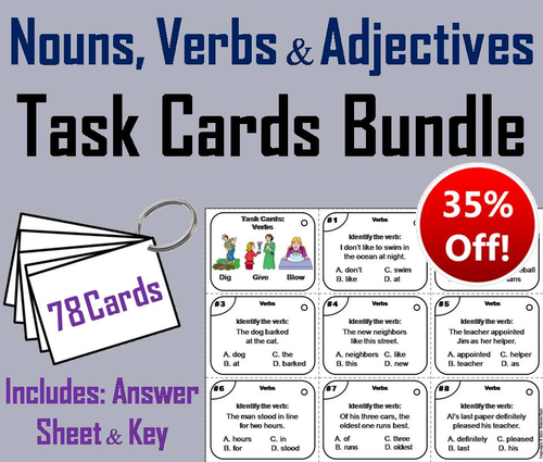 Nouns Verbs Adjectives Task Cards | Teaching Resources