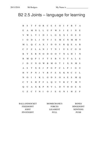 A Keyword Search for the Year 7 Biology B1 2.5 Joints-Movement lesson ...