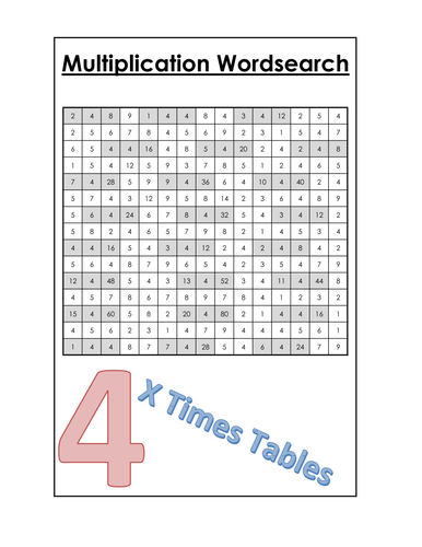 Multiplication Wordsearch 4X tables | Teaching Resources