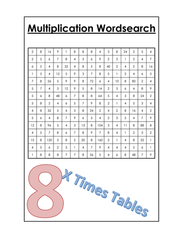 Multiplication Wordsearch 8X tables | Teaching Resources