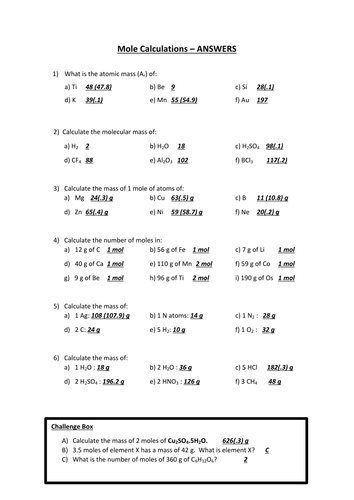 Mole Calculations - differentiated worksheets to keep every child ...