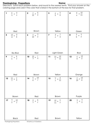 Thanksgiving Turkey Math - Proportions Maze & Color by Number Bundle ...