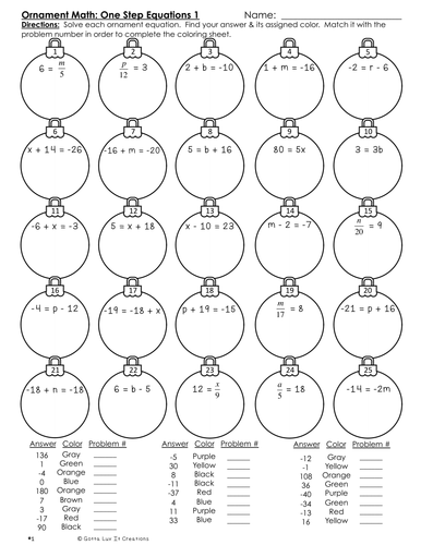Solving Equations Christmas Math Surprise One Step Equations with ...