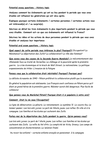 French AQA A Level: L'Occupation Essay and oral exam questions revision ...