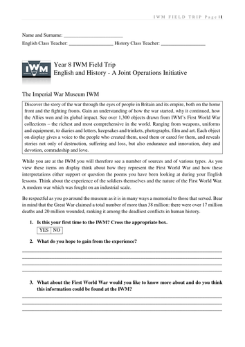 Imperial War Museum Joint English History Trip resources WWI Poetry and ...