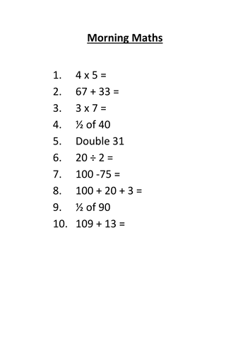 Morning maths activities - year 2/3/4 depending on ability - 36 ...