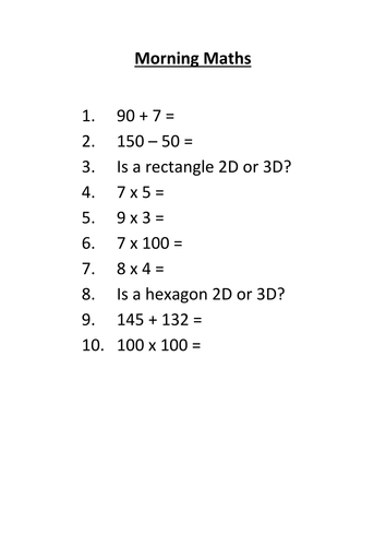 Morning maths activities - year 2/3/4 depending on ability - 36 ...
