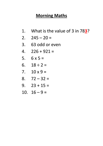 Morning maths activities - year 2/3/4 depending on ability - 36 ...