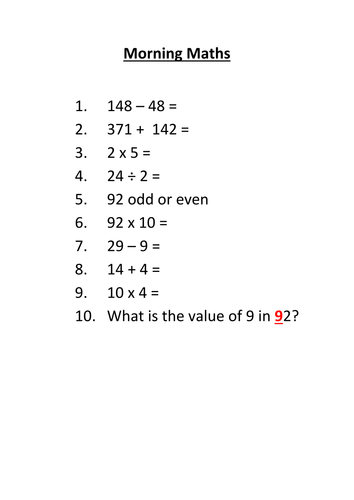 Morning maths activities - year 2/3/4 depending on ability - 36 ...