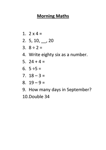 Morning maths activities - year 2/3/4 depending on ability - 36 ...