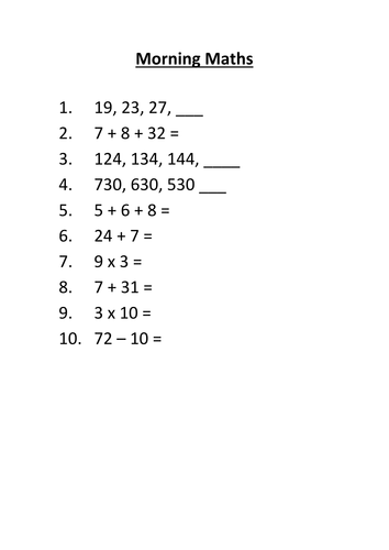 Morning maths activities - year 2/3/4 depending on ability - 36 ...