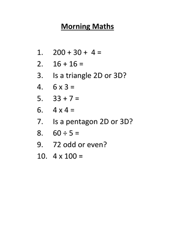 Morning maths activities - year 2/3/4 depending on ability - 36 ...