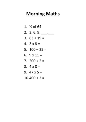 Morning maths activities - year 2/3/4 depending on ability - 34 ...