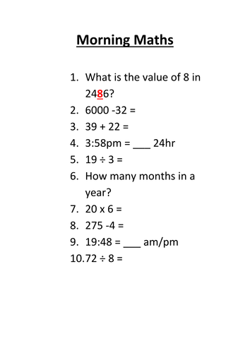 Morning maths activities - year 2/3/4 depending on ability - 34 ...