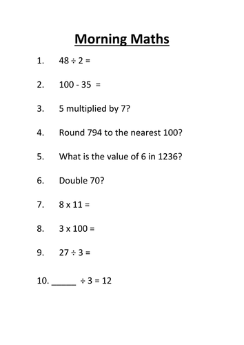 Morning maths activities - year 2/3/4 depending on ability - 34 ...