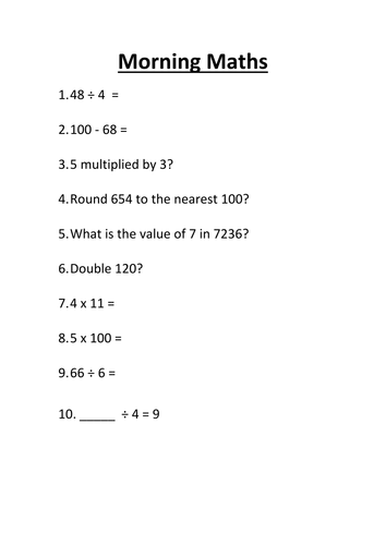 Morning maths activities - year 2/3/4 depending on ability - 34 ...