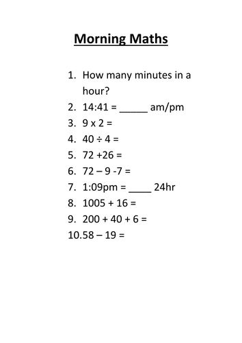 Morning maths activities - year 2/3/4 depending on ability - 34 ...