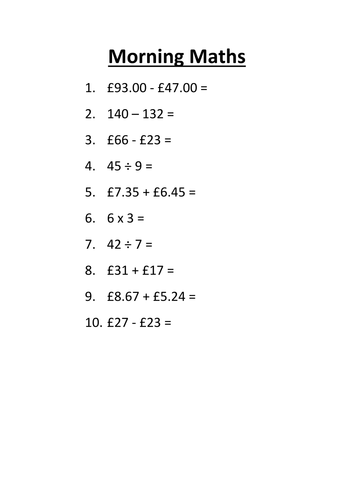 Morning maths activities - year 2/3/4 depending on ability - 31 ...